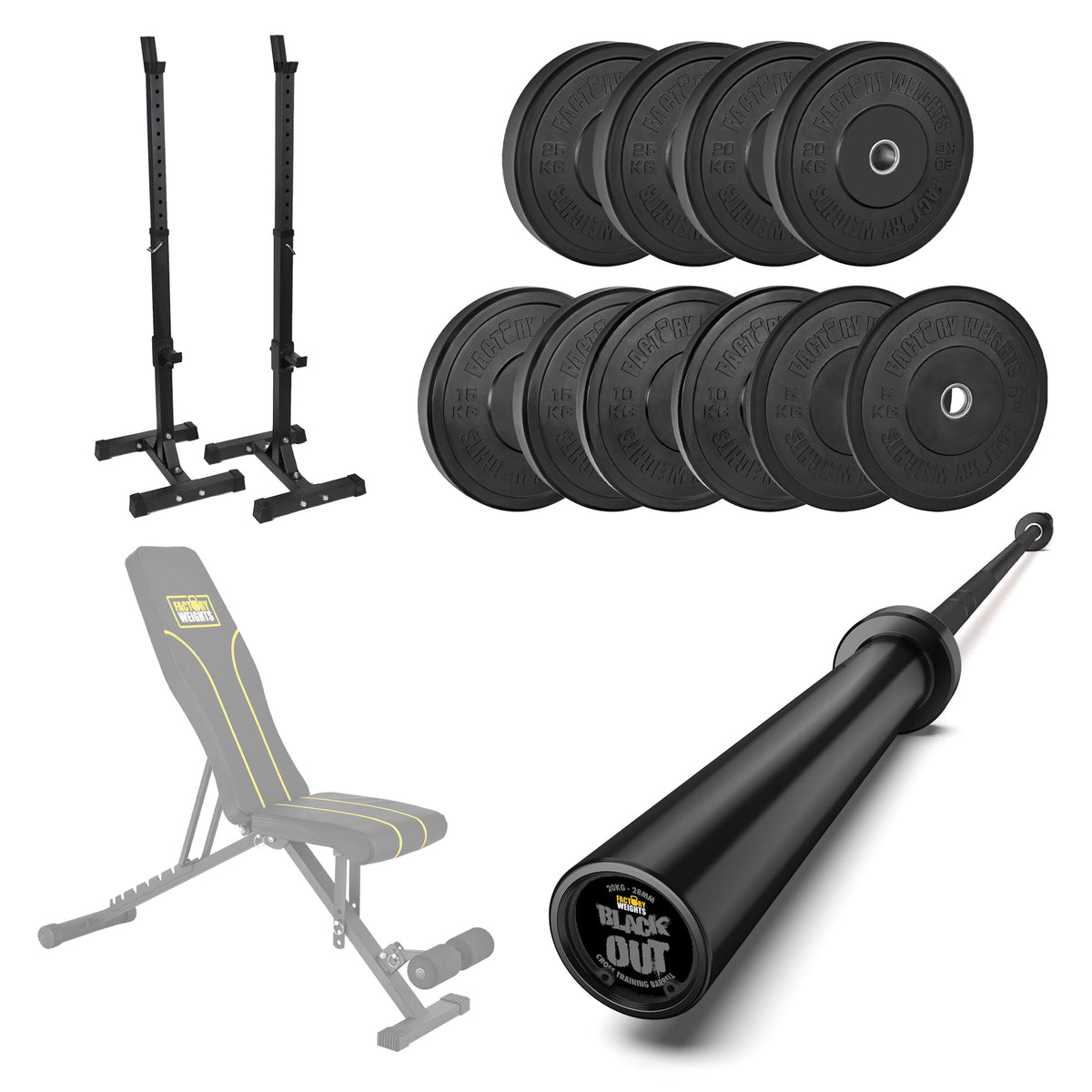 150kg Black Bumper Plate Set with Barbell | Factory Weights